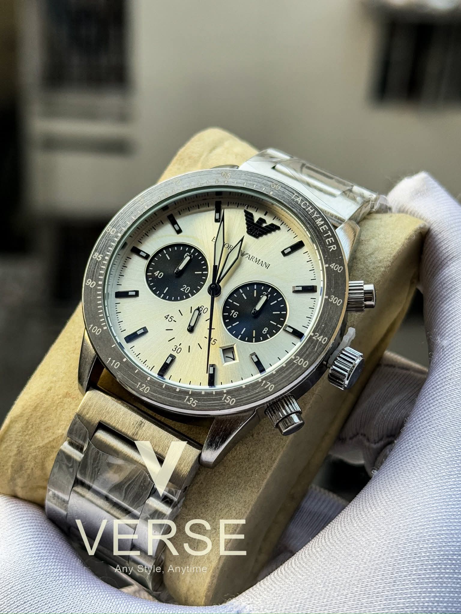 Armani Mario Chronograph Matte Silver Chain Panda Dial AA – VERSE