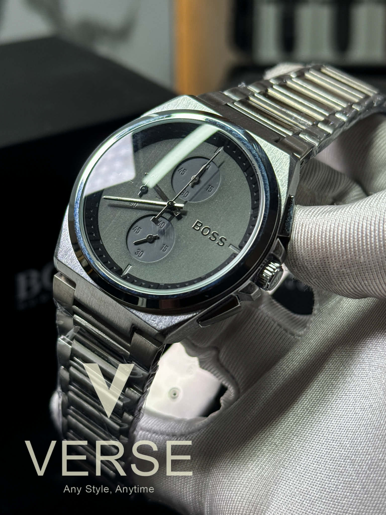BOSS Steer Chronograph Stainless Steel Watch – Grey Dial AA – VERSE